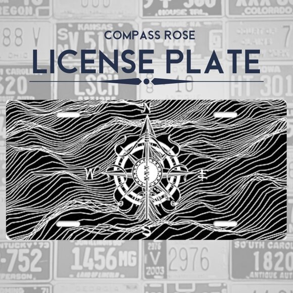 Accents | Compass Rose License Plate Compass Black Topographic Contour ...